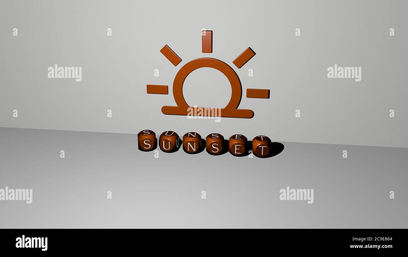 3D illustration of sunset graphics and text made by metallic dice ...