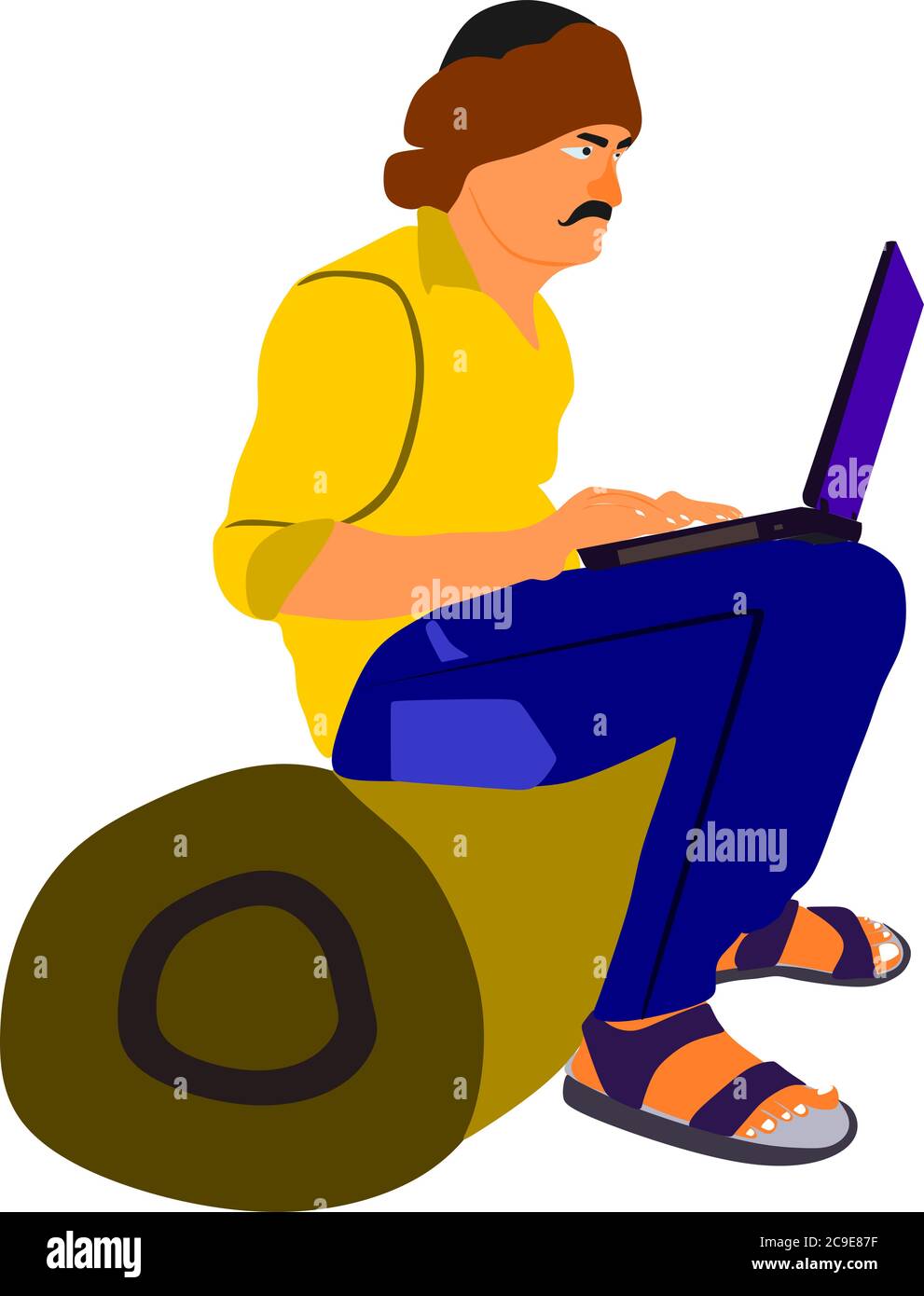 An indian poor village farmer cartoon illustration working on computer ...