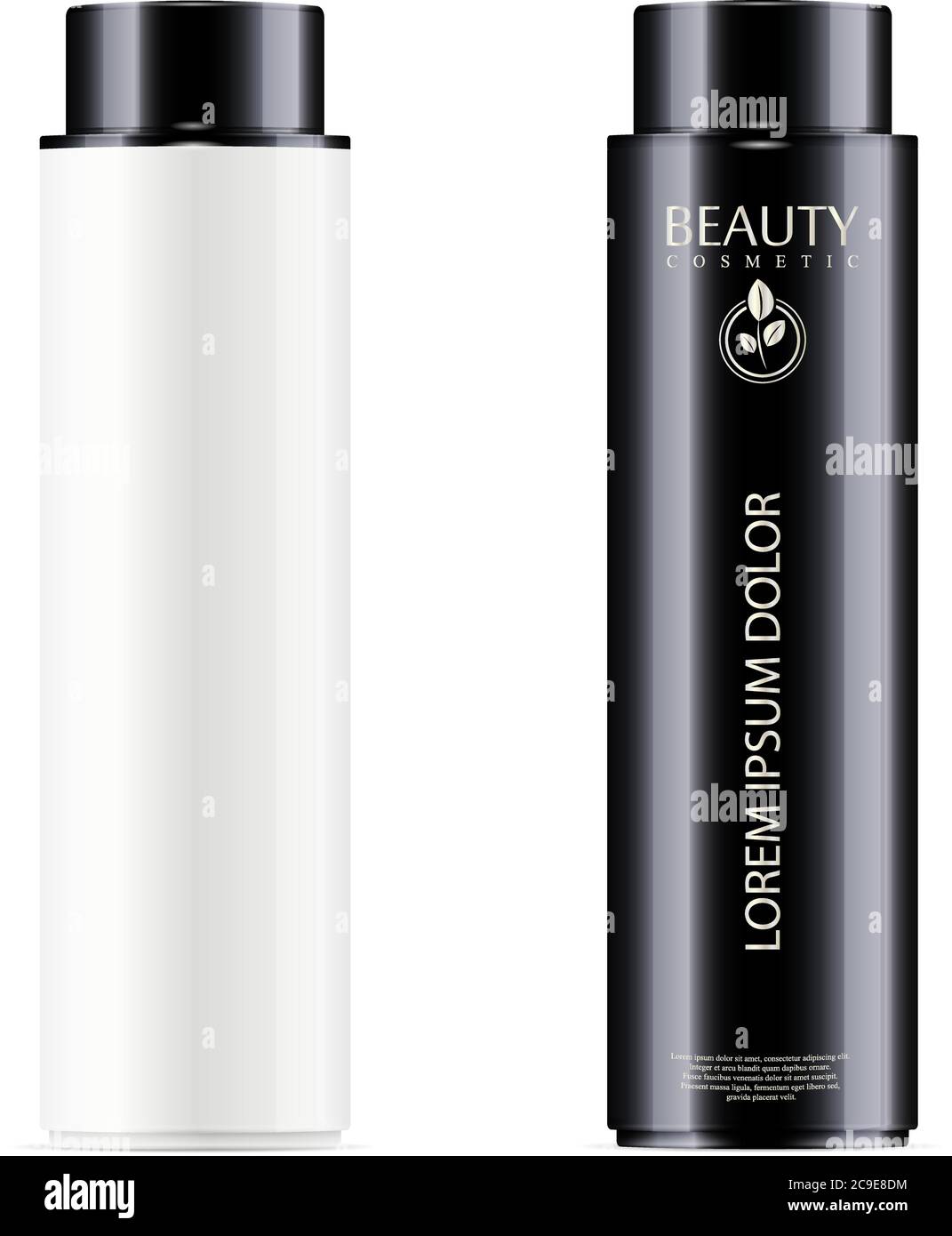 Black and white cosmetic bottles set for facial toner, hair shampoo or ...