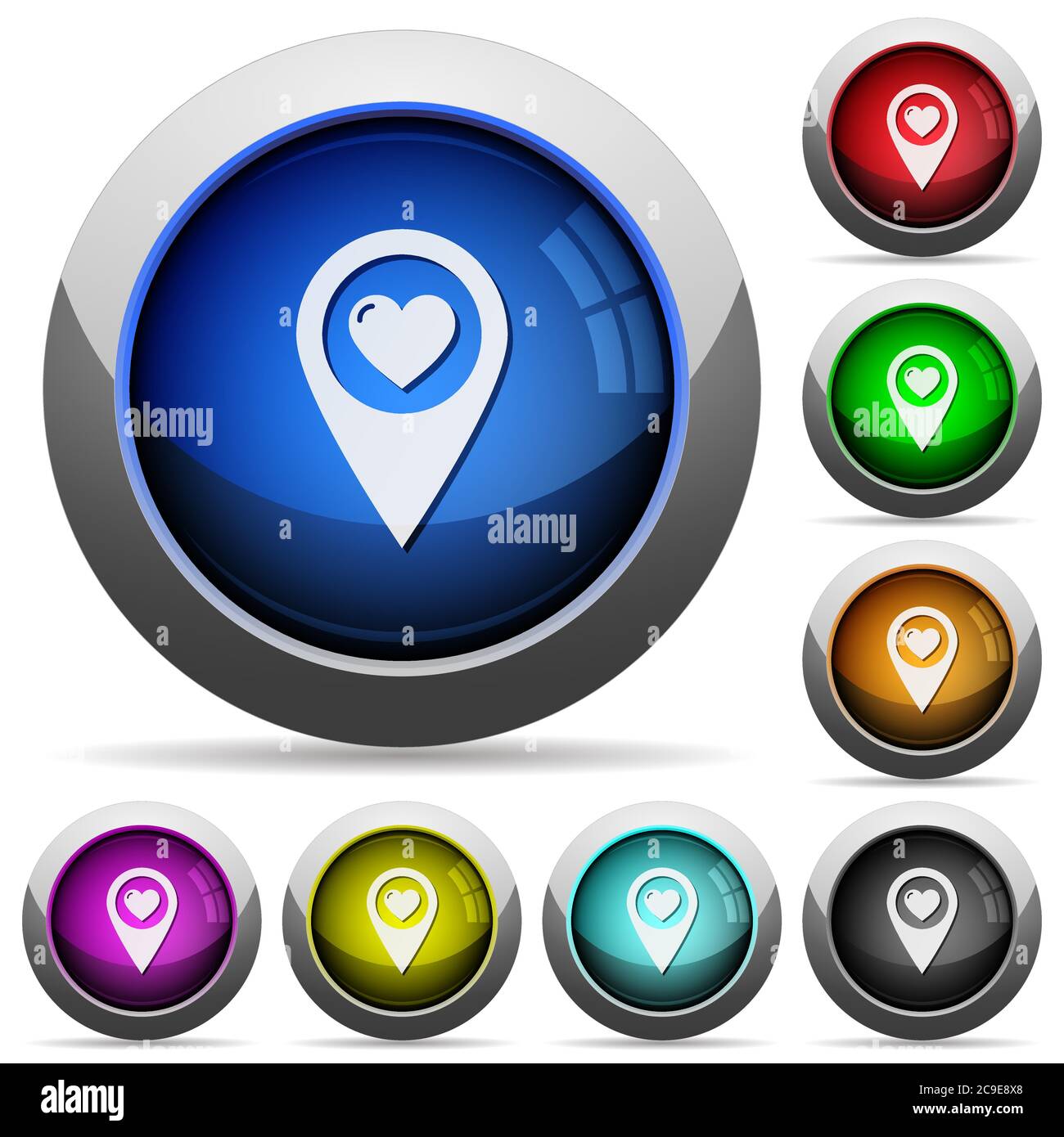 Favorite GPS map location icons in round glossy buttons with steel ...