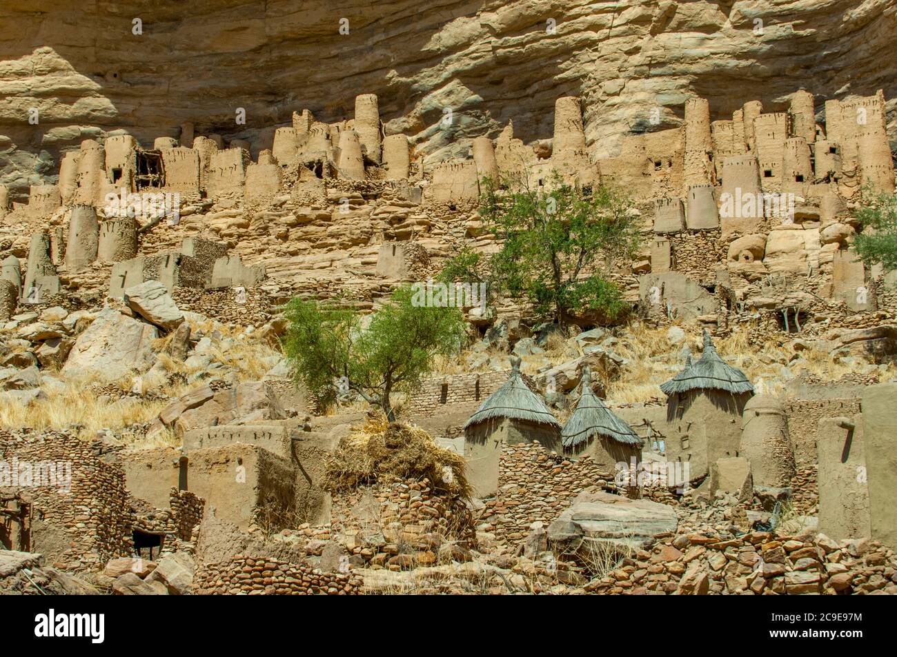 View of the Ireli Dogon village and the Cliffside dwellings of the ...