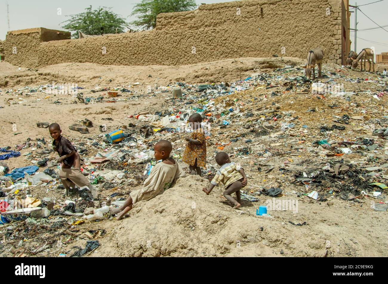 Children playing at a place littered with garbage while donkeys ...