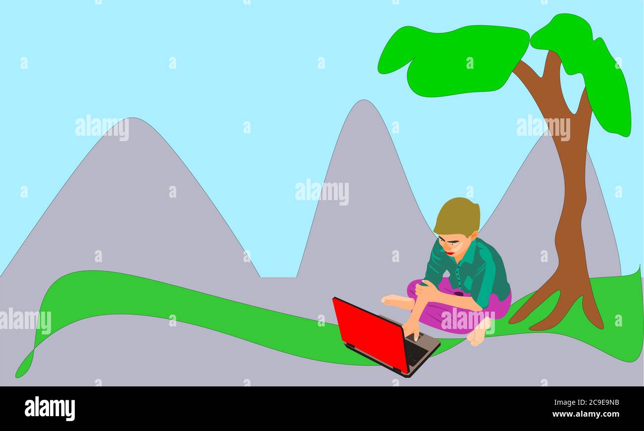 An indian poor village school male kid cartoon learning about computer ...