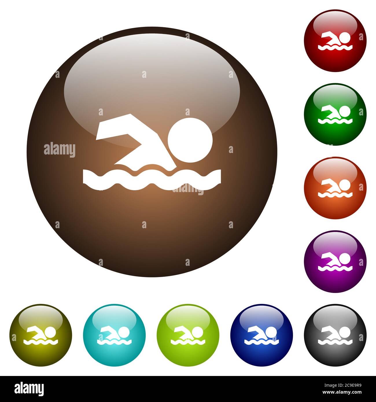 Swimming man white icons on round color glass buttons Stock Vector ...