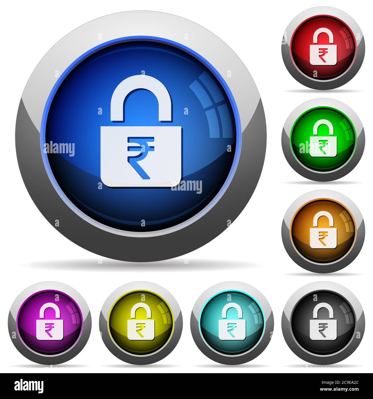 Locked rupees icons in round glossy buttons with steel frames Stock ...