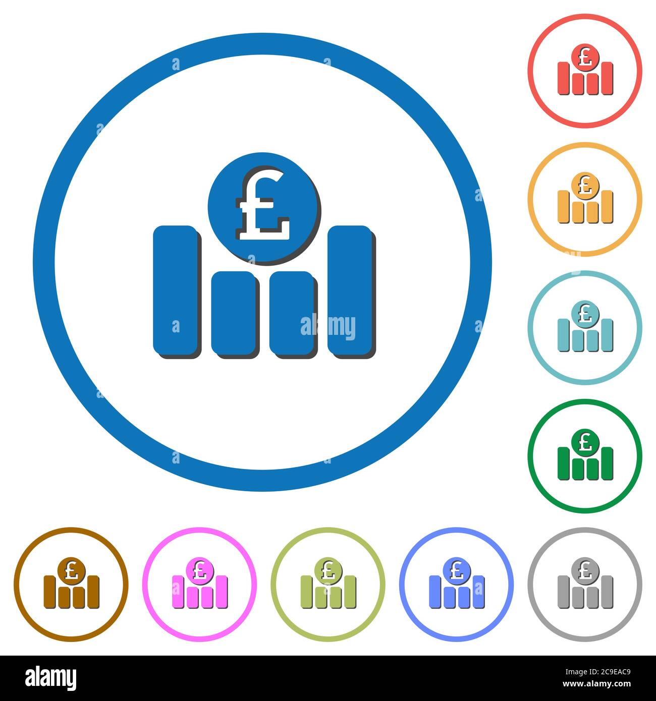 Pound financial graph flat color vector icons with shadows in round ...