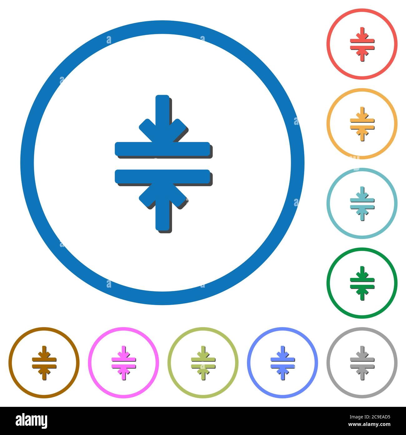 Horizontal merge tool flat color vector icons with shadows in round ...