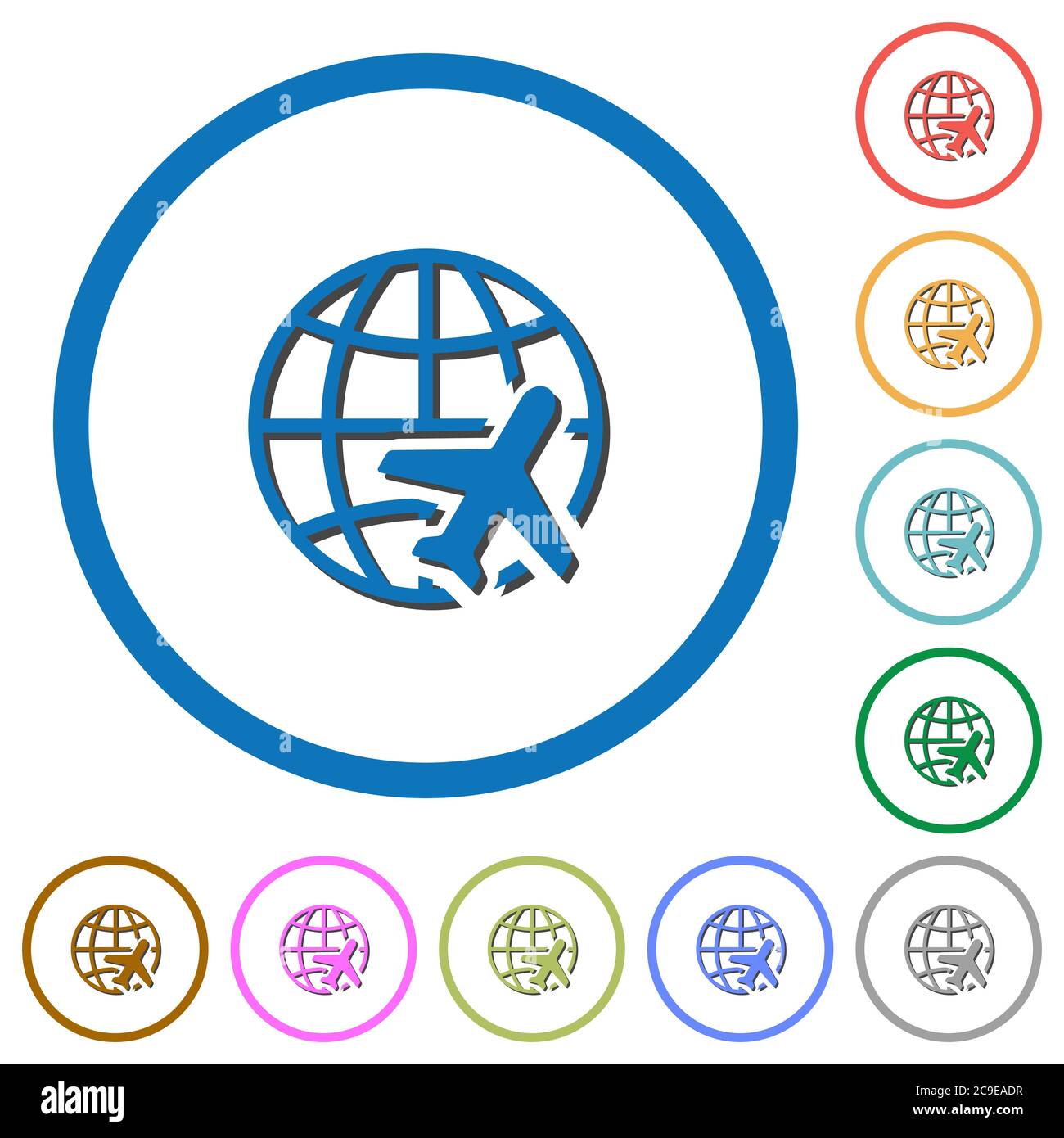 World travel flat color vector icons with shadows in round outlines on ...