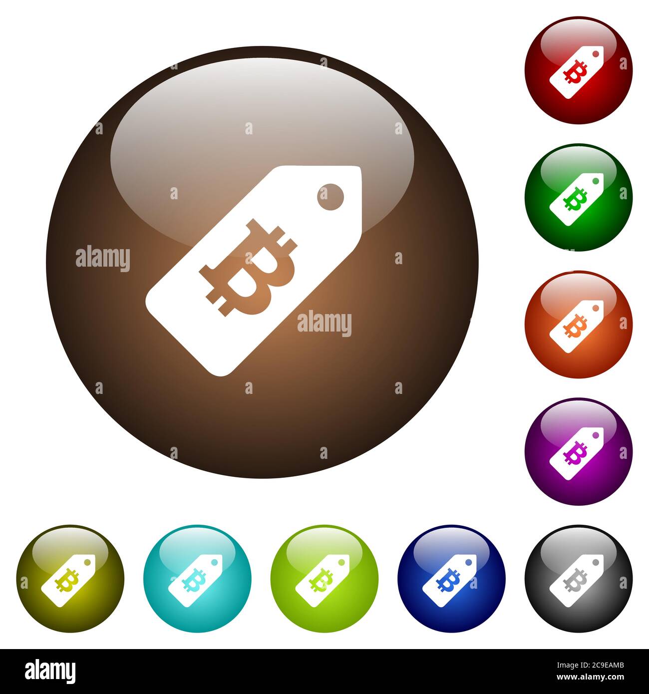 Bitcoin price label white icons on round color glass buttons Stock ...