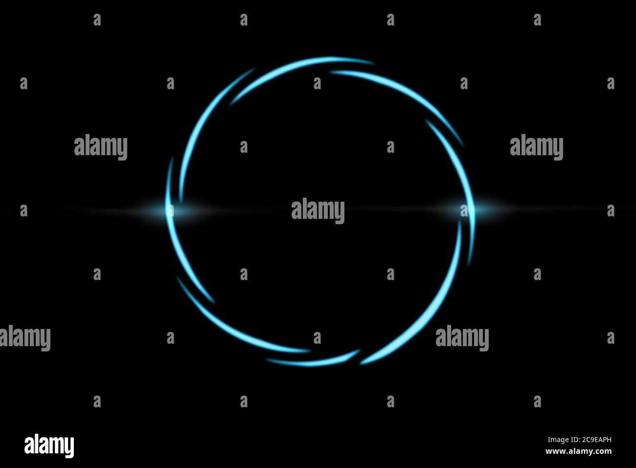 Abstract blue spiral line with circle ring on black backdrop, abstract ...