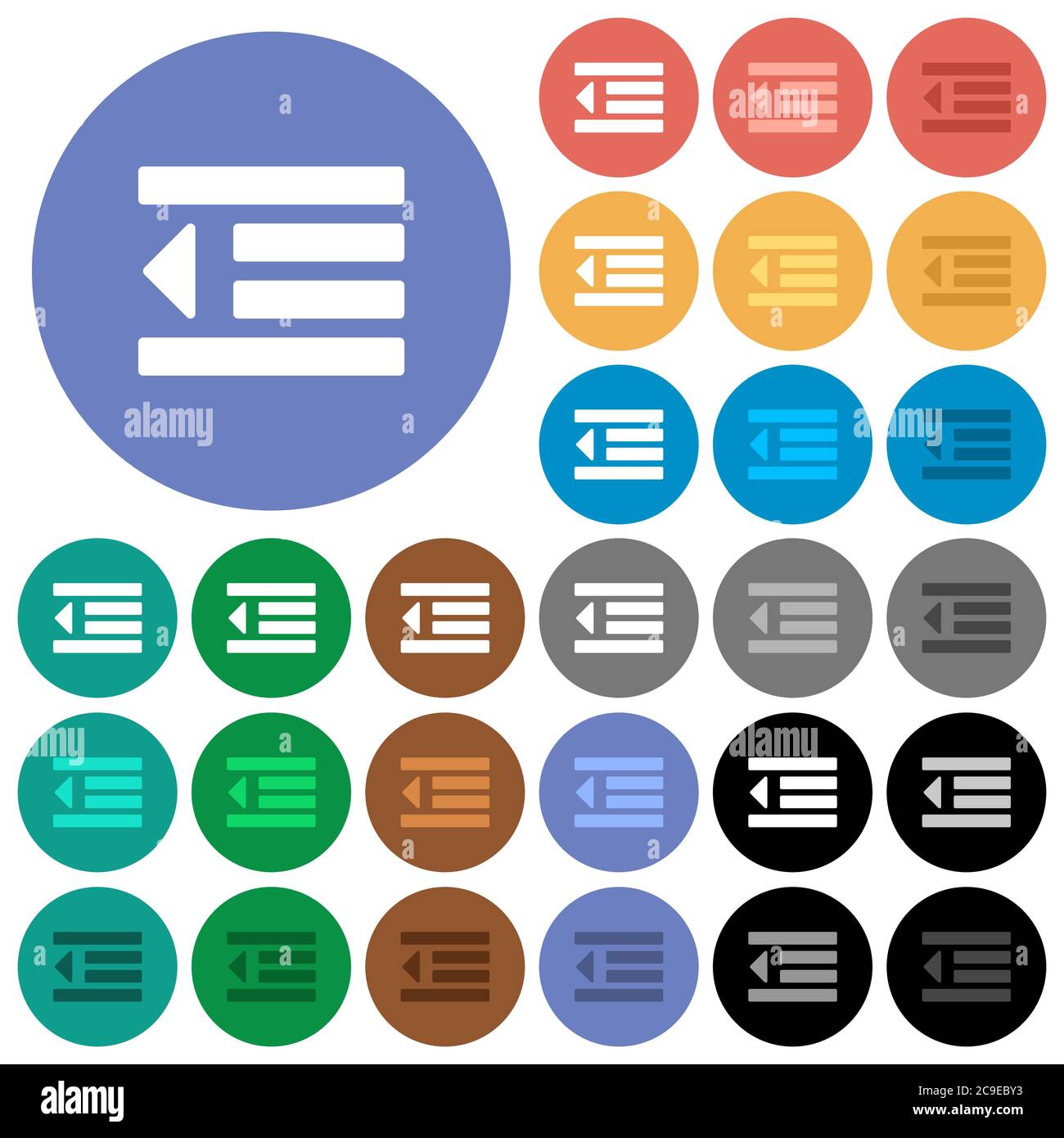Decrease text indentation multi colored flat icons on round backgrounds. Included white, light ...