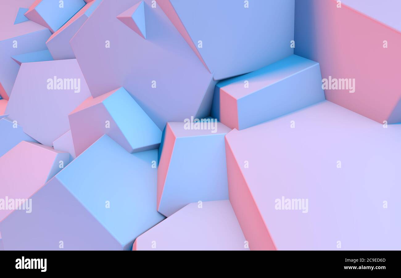 Abstract background with 3D shapes flying in pink and blue light as a ...