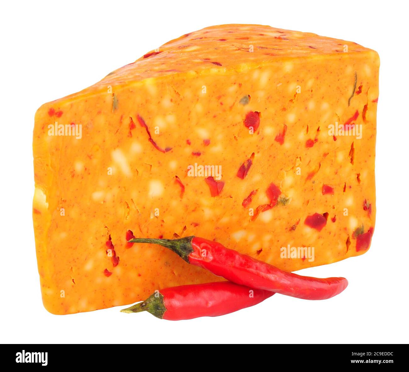 Chilli flavour Cheddar cheese isolated on a white background Stock ...