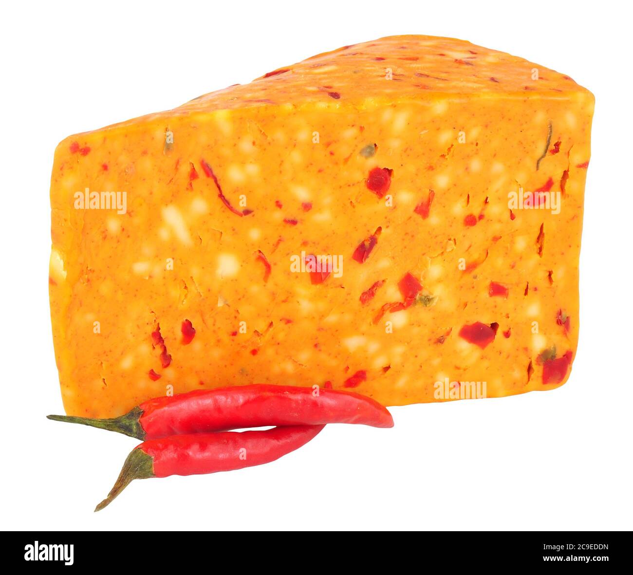 Chilli flavour Cheddar cheese isolated on a white background Stock ...