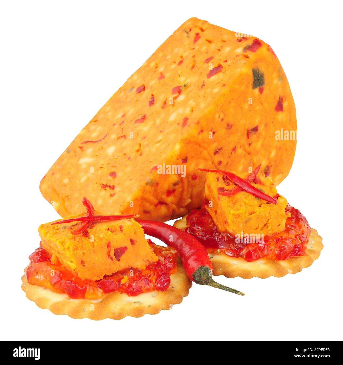 Chilli flavour Cheddar cheese isolated on a white background Stock ...