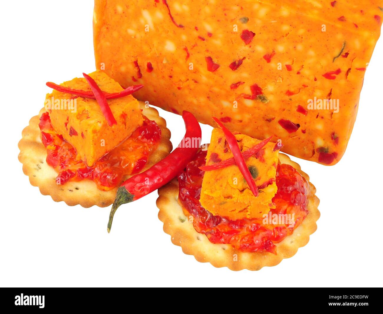 Chilli flavour Cheddar cheese isolated on a white background Stock ...