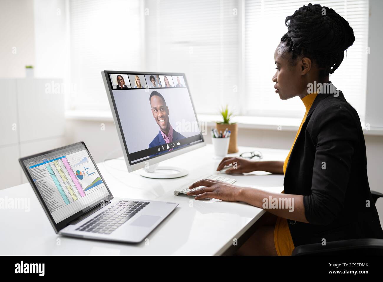 African Woman Video Conference Business Call On Computer Screen Stock ...