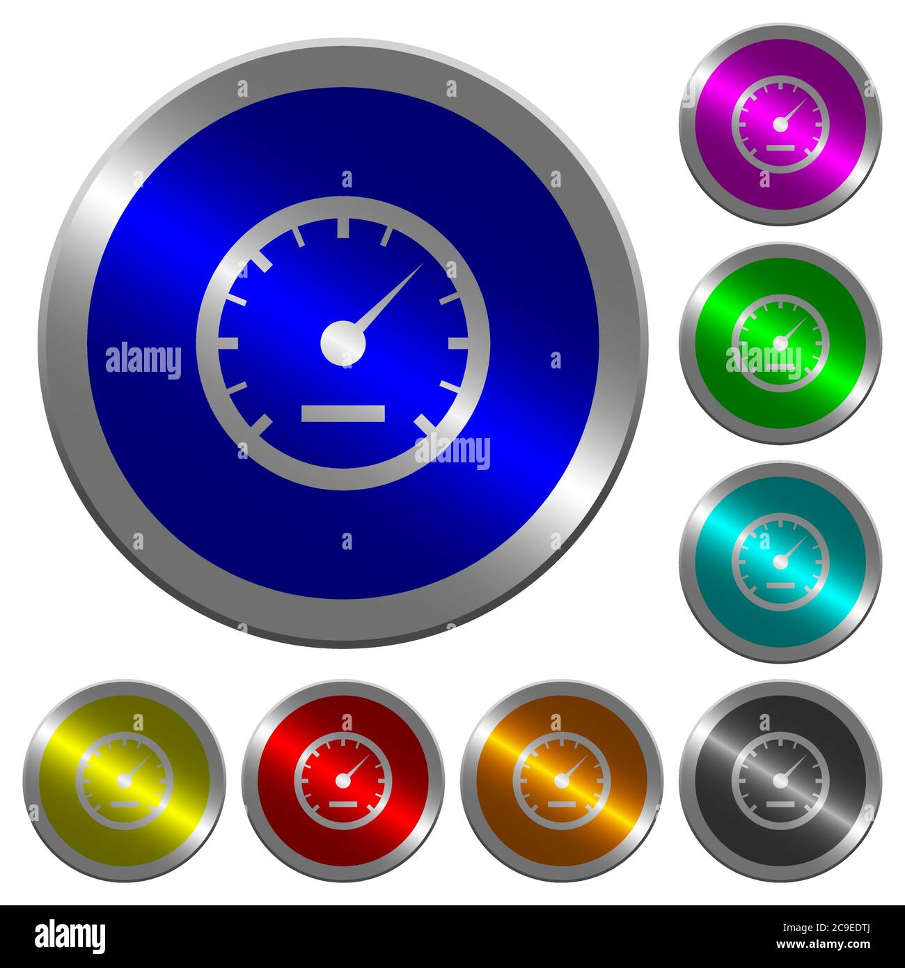 Speedometer icons on round luminous coin-like color steel buttons Stock ...