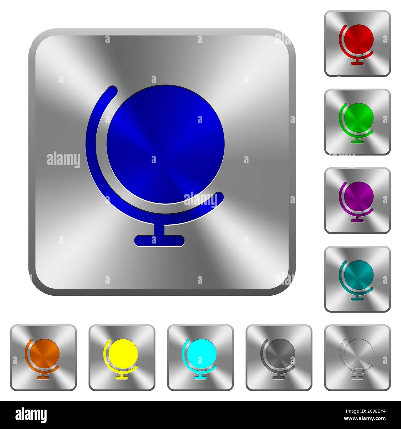 Globe with stand engraved icons on rounded square glossy steel buttons ...