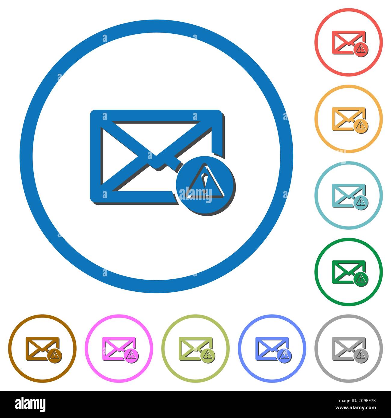 Mail warning flat color vector icons with shadows in round outlines on ...
