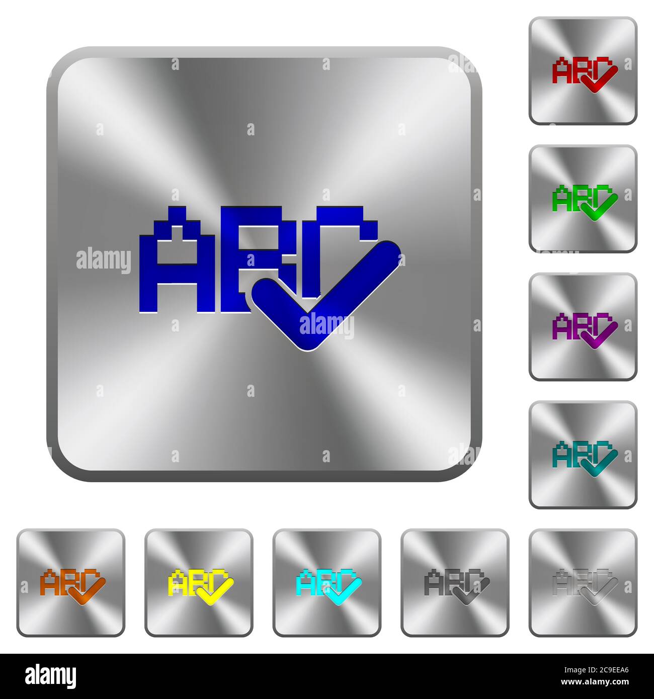 Spell check engraved icons on rounded square glossy steel buttons Stock ...