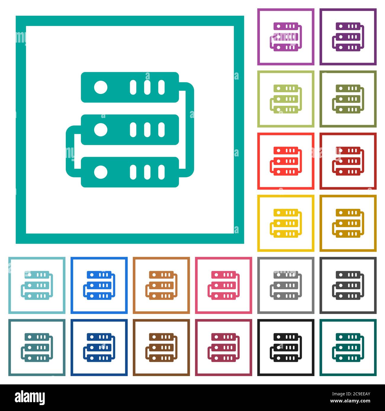 Connected servers flat color icons with quadrant frames on white ...