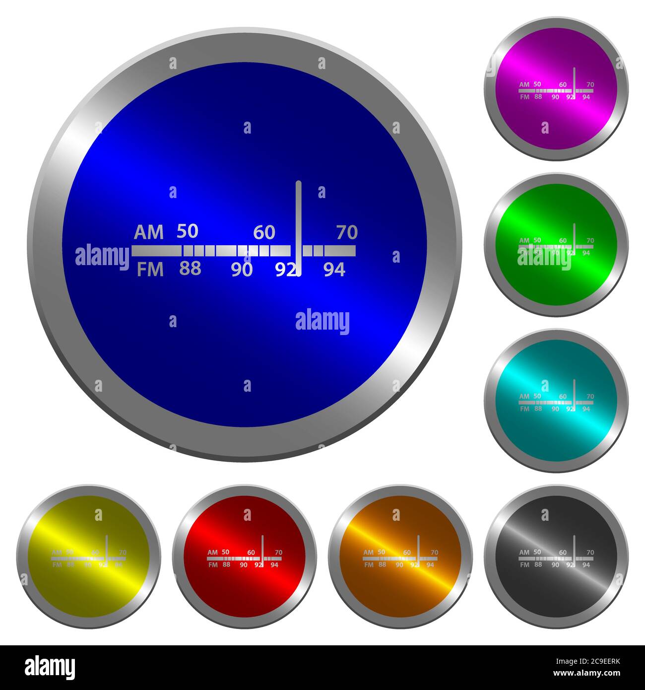 Radio tuner icons on round luminous coin-like color steel buttons Stock ...