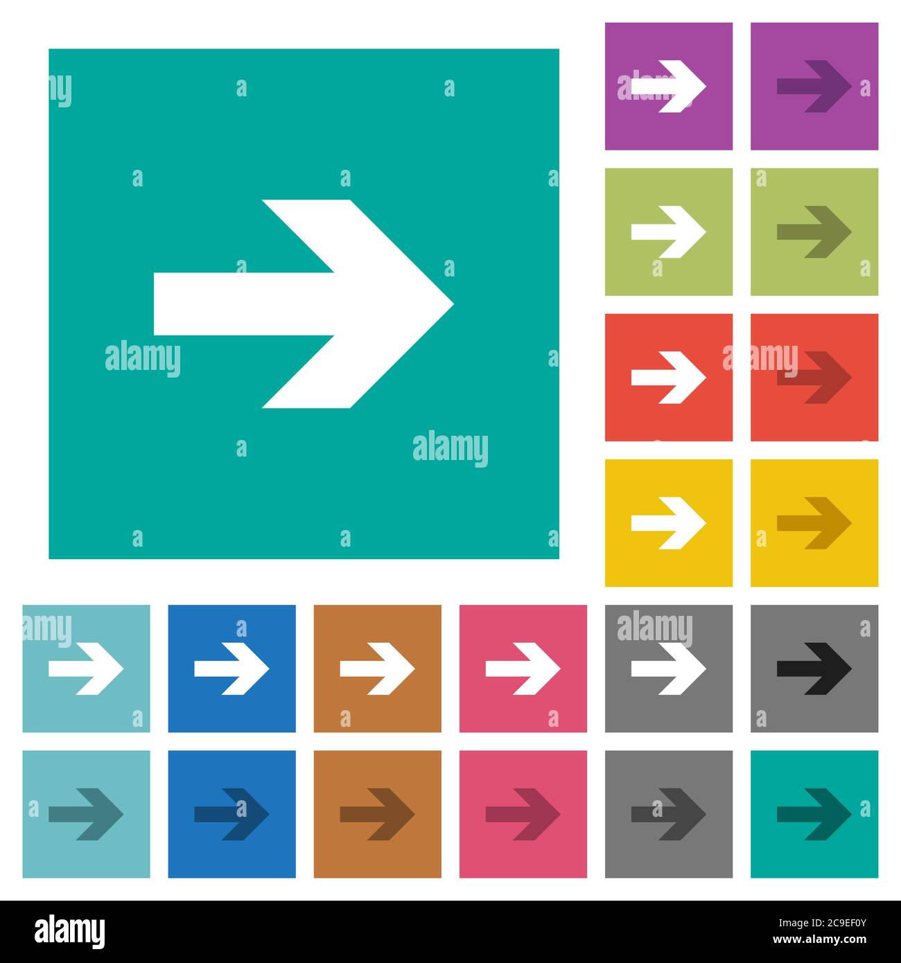 Right arrow multi colored flat icons on plain square backgrounds ...