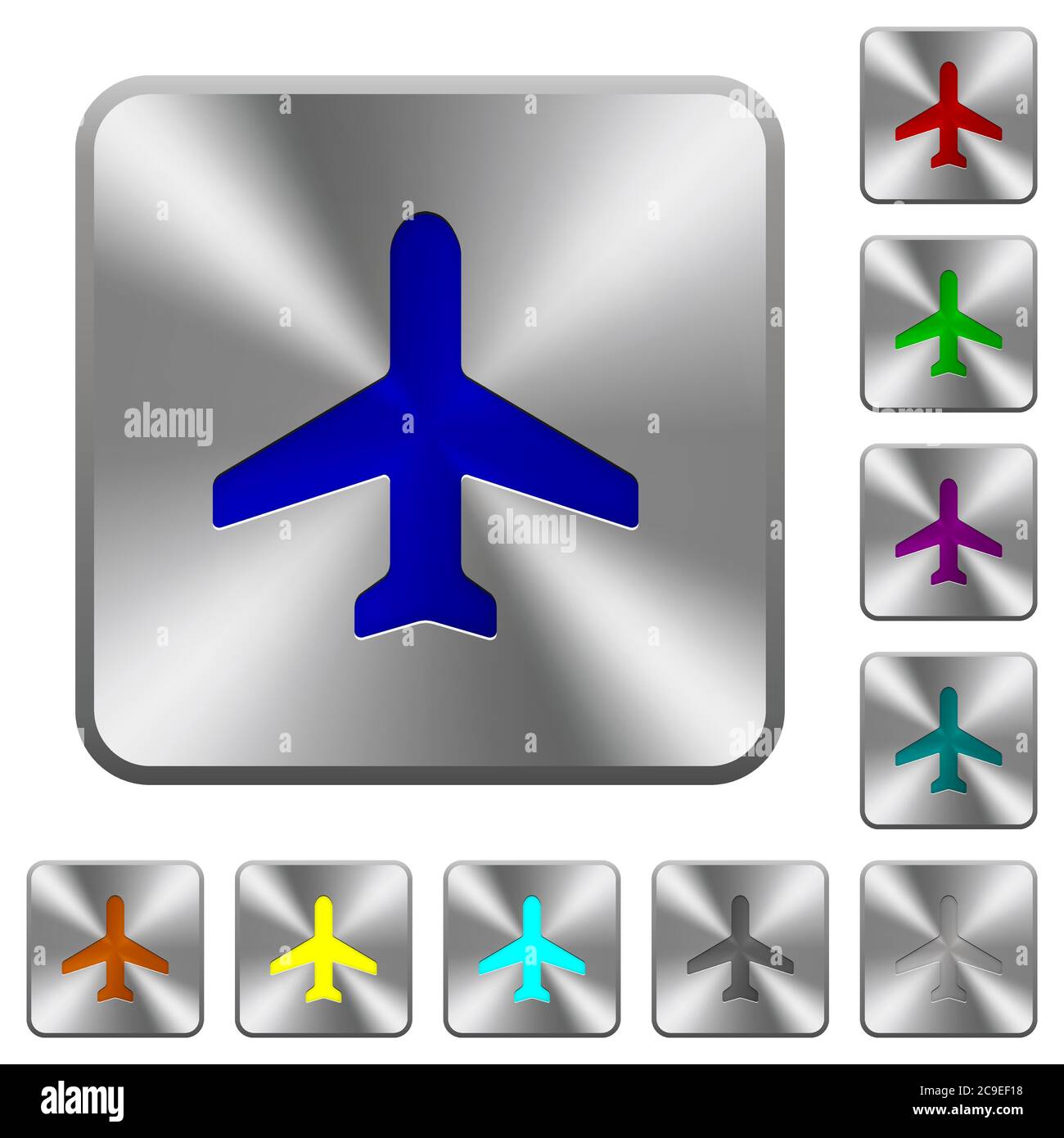 Airplane engraved icons on rounded square glossy steel buttons Stock ...