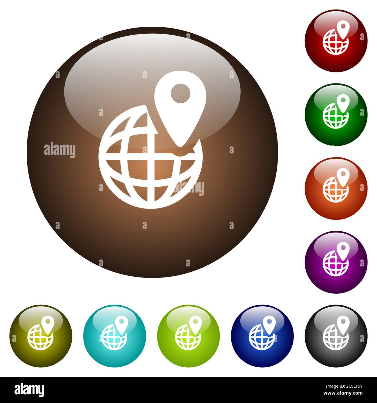 GPS location with globe symbol white icons on round color glass buttons ...