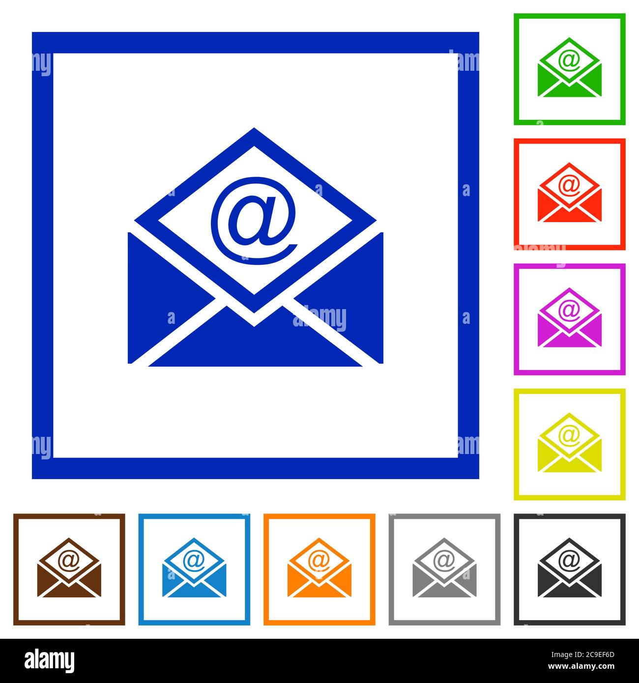 Open mail with email symbol flat color icons in square frames on white ...