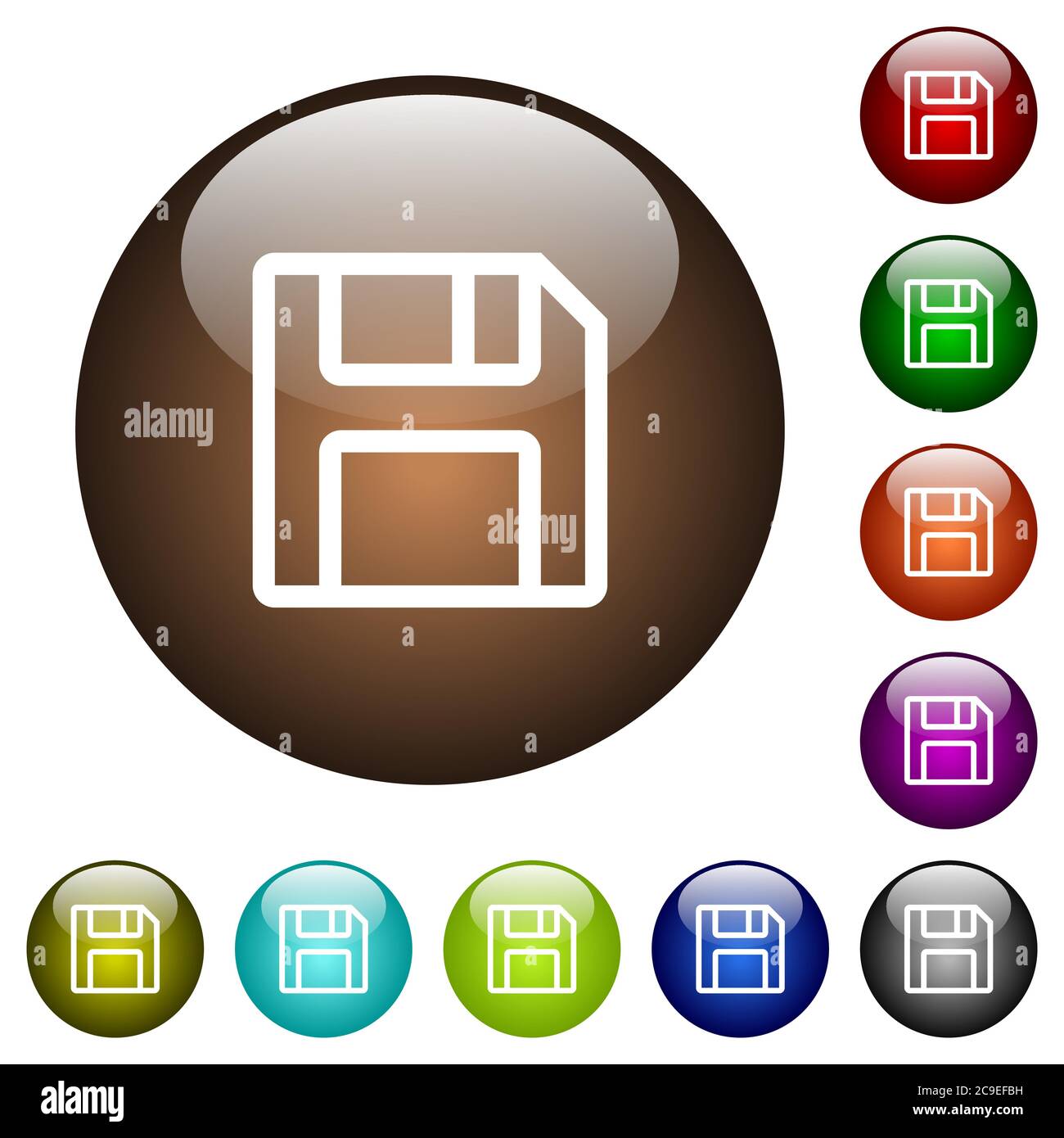 Floppy disk as save symbol white icons on round color glass buttons ...
