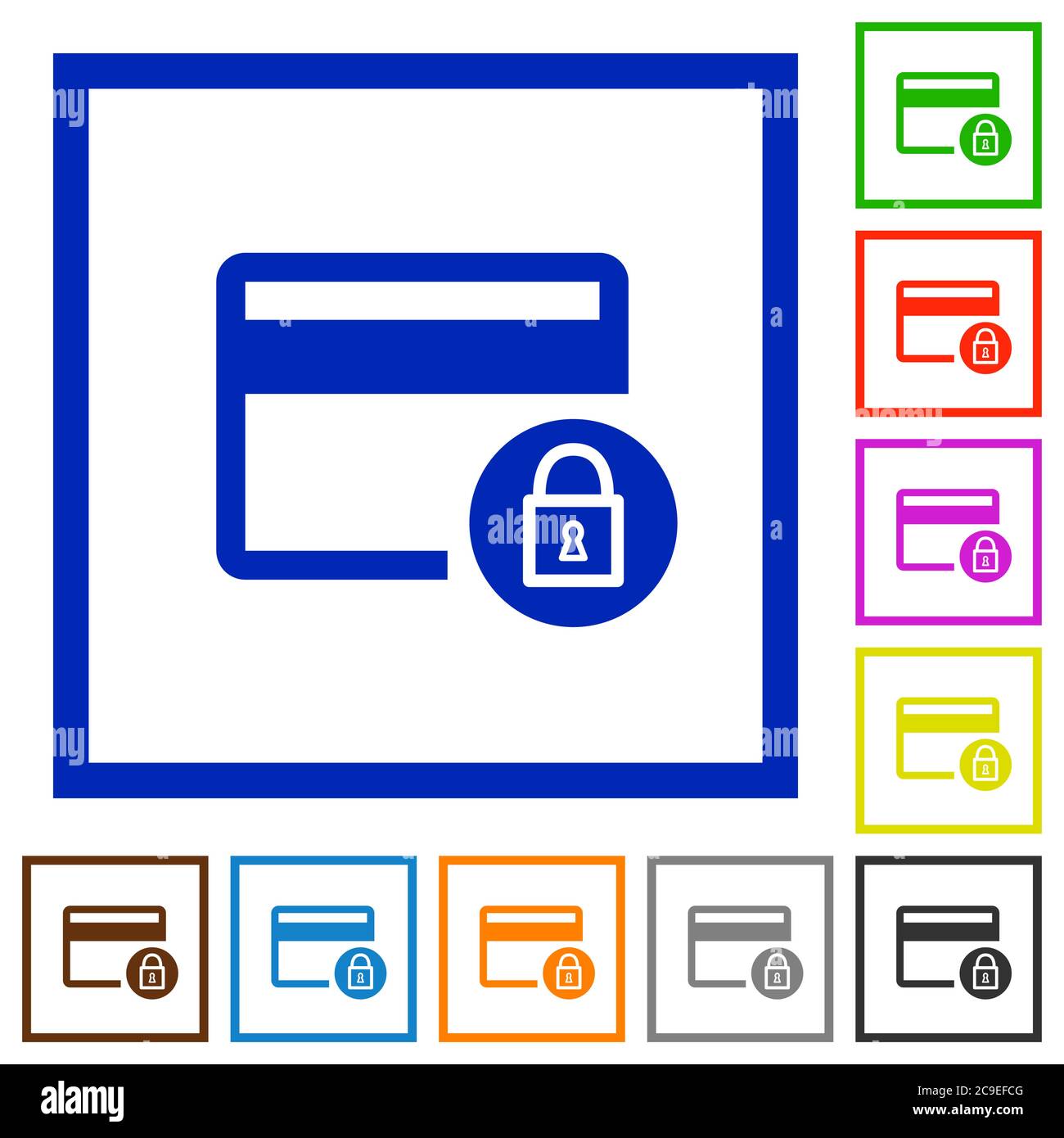 Lock credit card transactions flat color icons in square frames on ...
