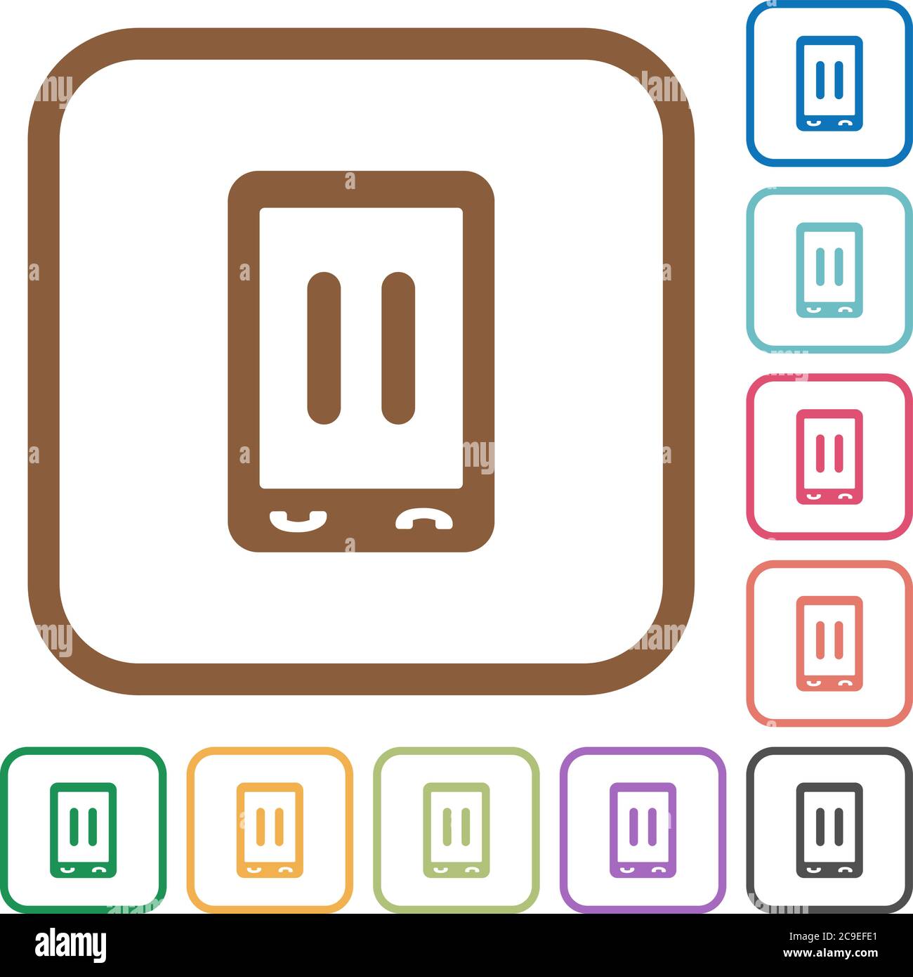 Mobile media pause simple icons in color rounded square frames on white ...