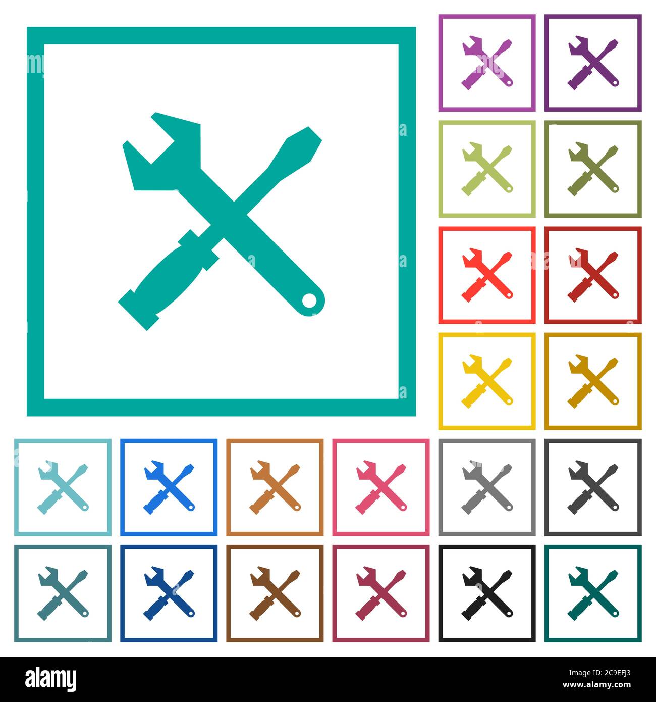 Tool kit flat color icons with quadrant frames on white background ...