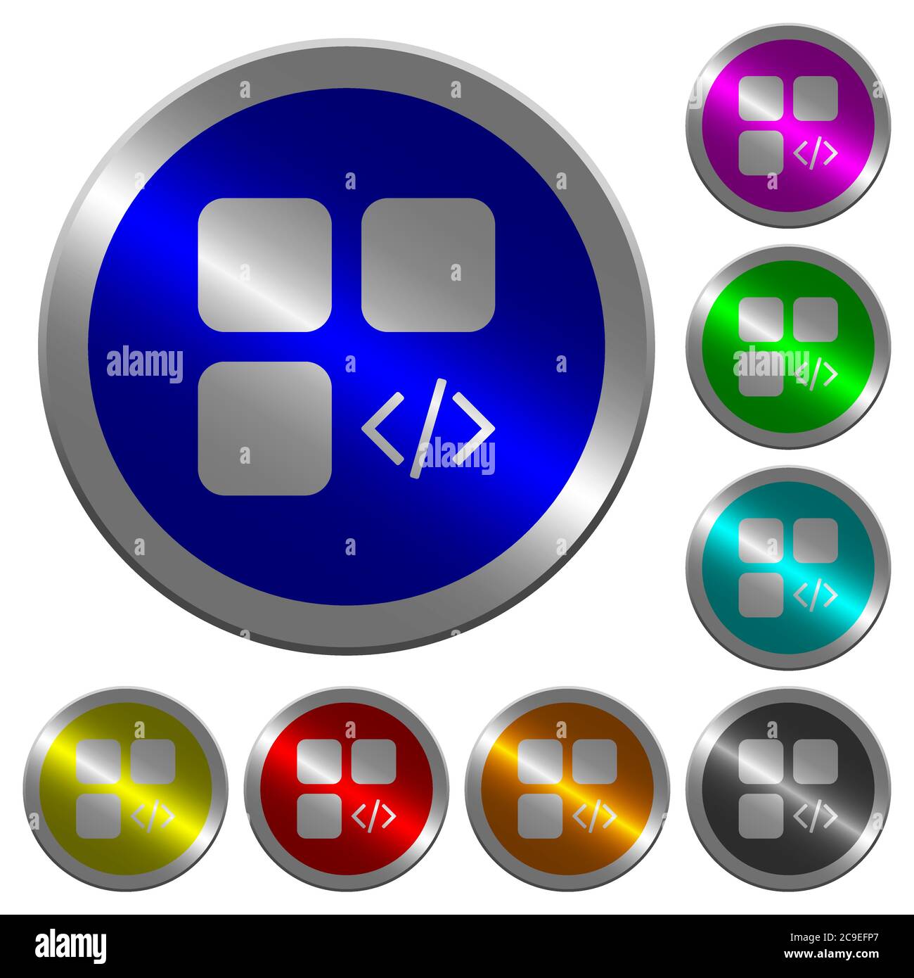 Component programming icons on round luminous coin-like color steel ...