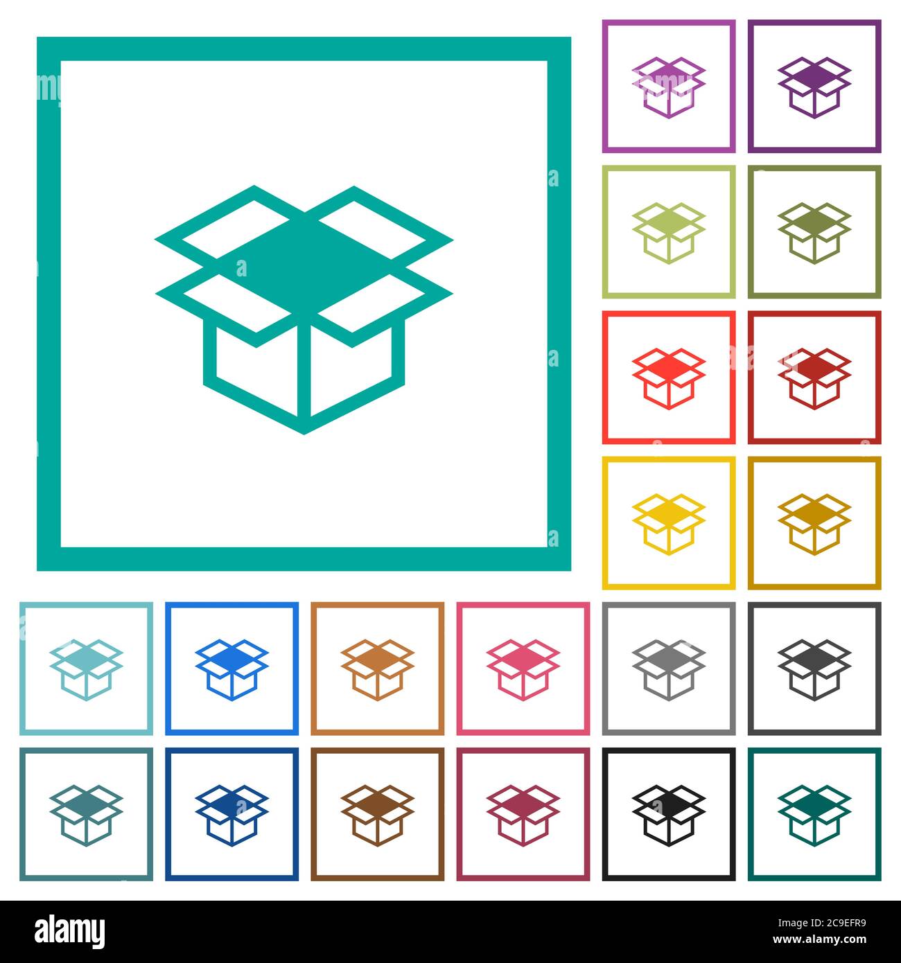 Open box flat color icons with quadrant frames on white background ...