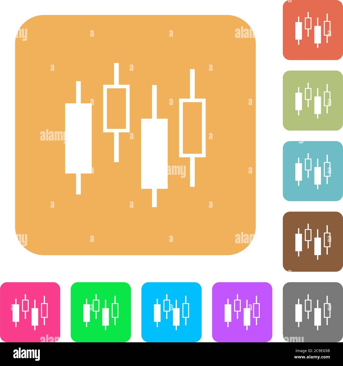 Candlestick chart flat icons on rounded square vivid color backgrounds ...