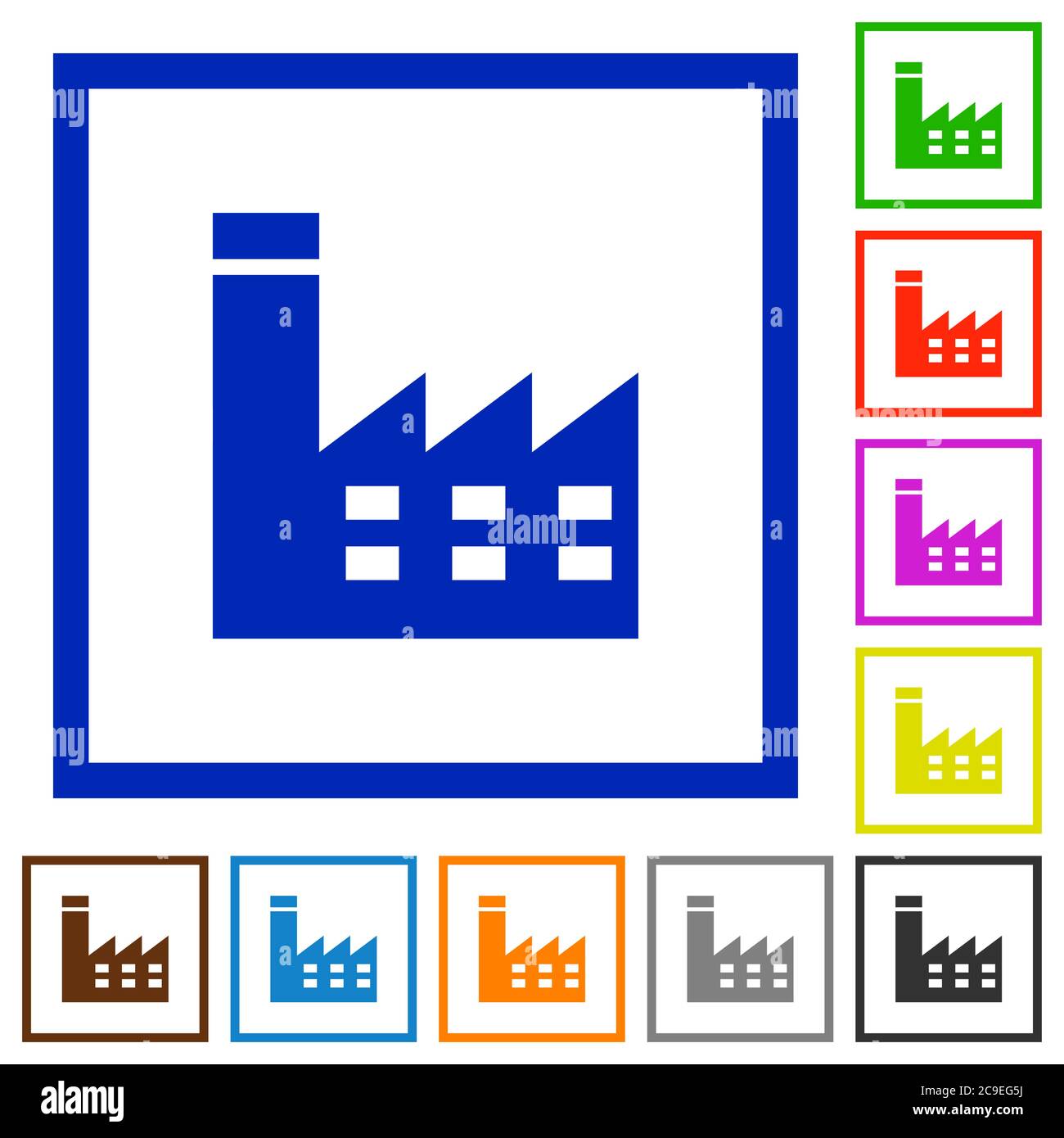 Factory building flat color icons in square frames on white background ...