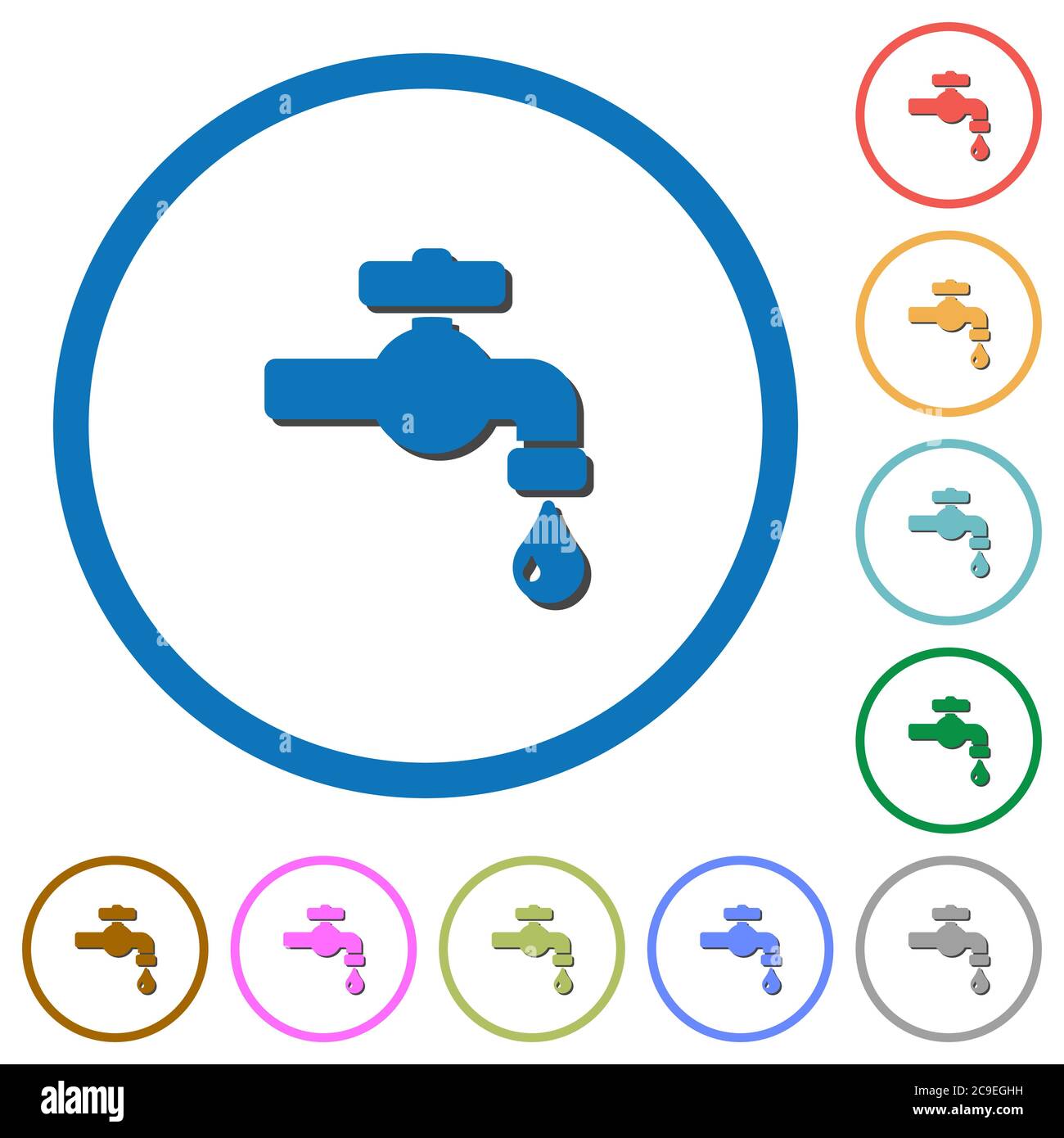 Water faucet with water drop flat color vector icons with shadows in round outlines on white ...