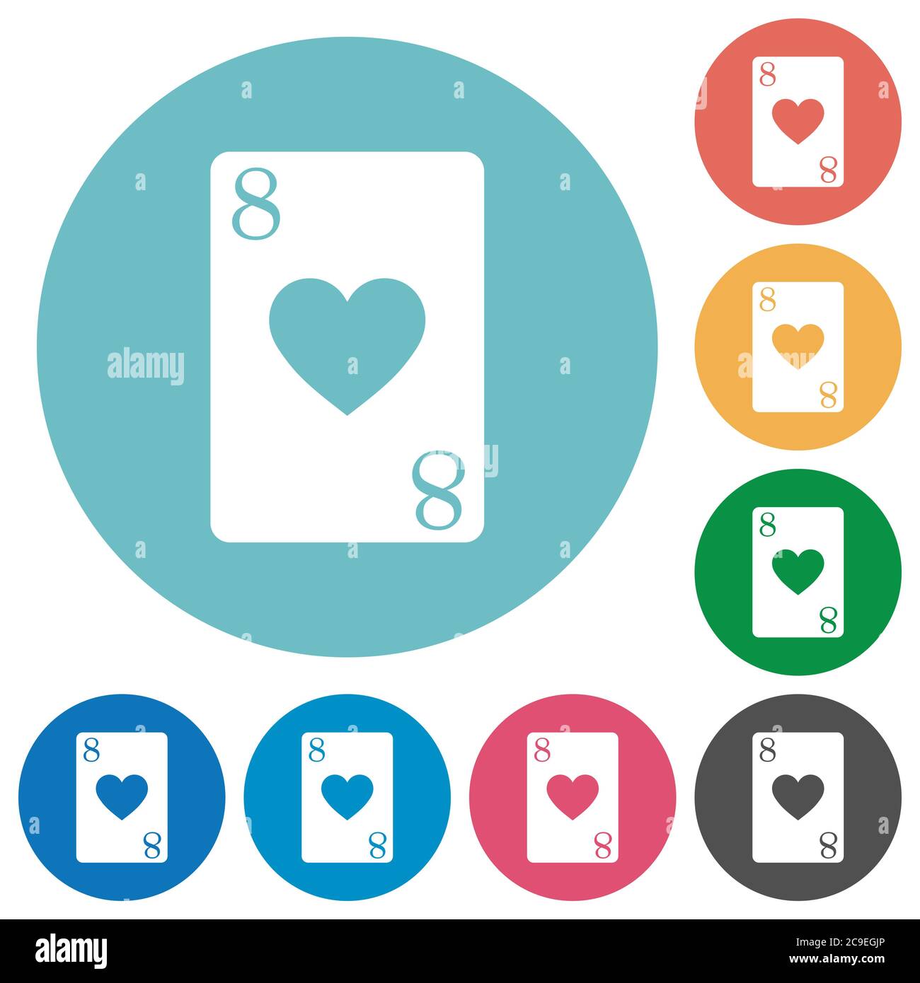 Eight of hearts card flat white icons on round color backgrounds Stock ...