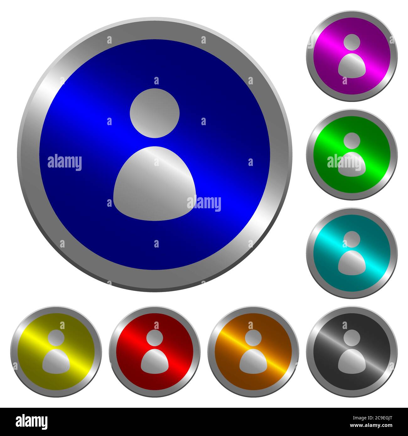 Single user icons on round luminous coin-like color steel buttons Stock ...