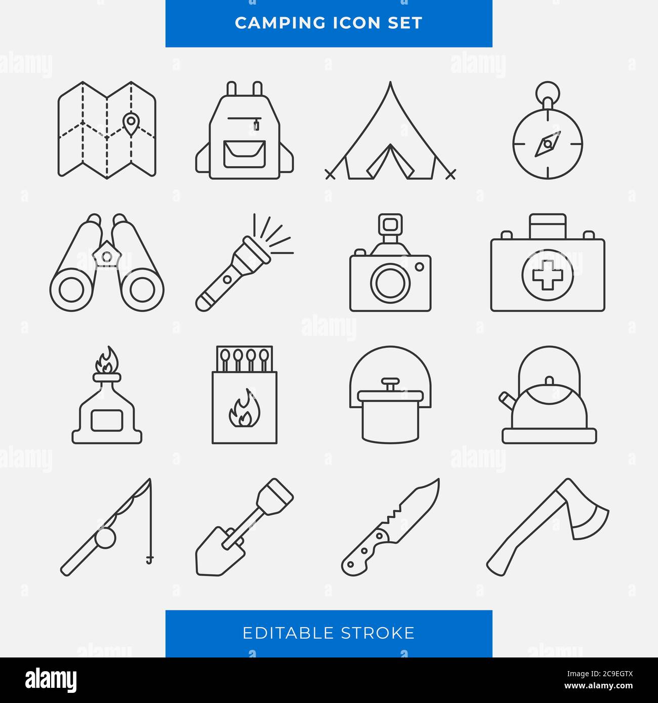 Simple set of vector icons for outdoor recreation, hiking in the forest ...