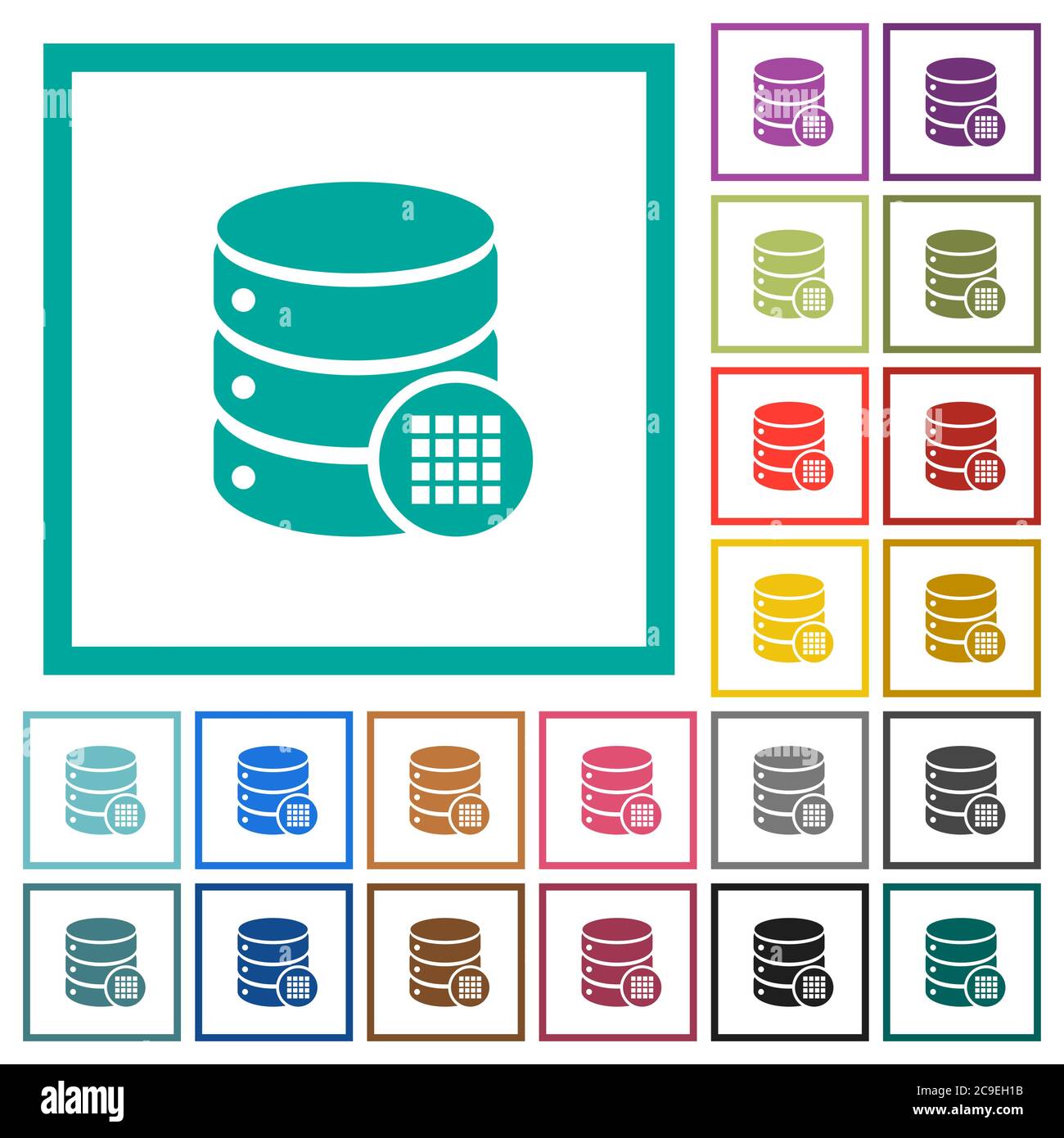 Database Table Cells Flat Color Icons With Quadrant Frames On White