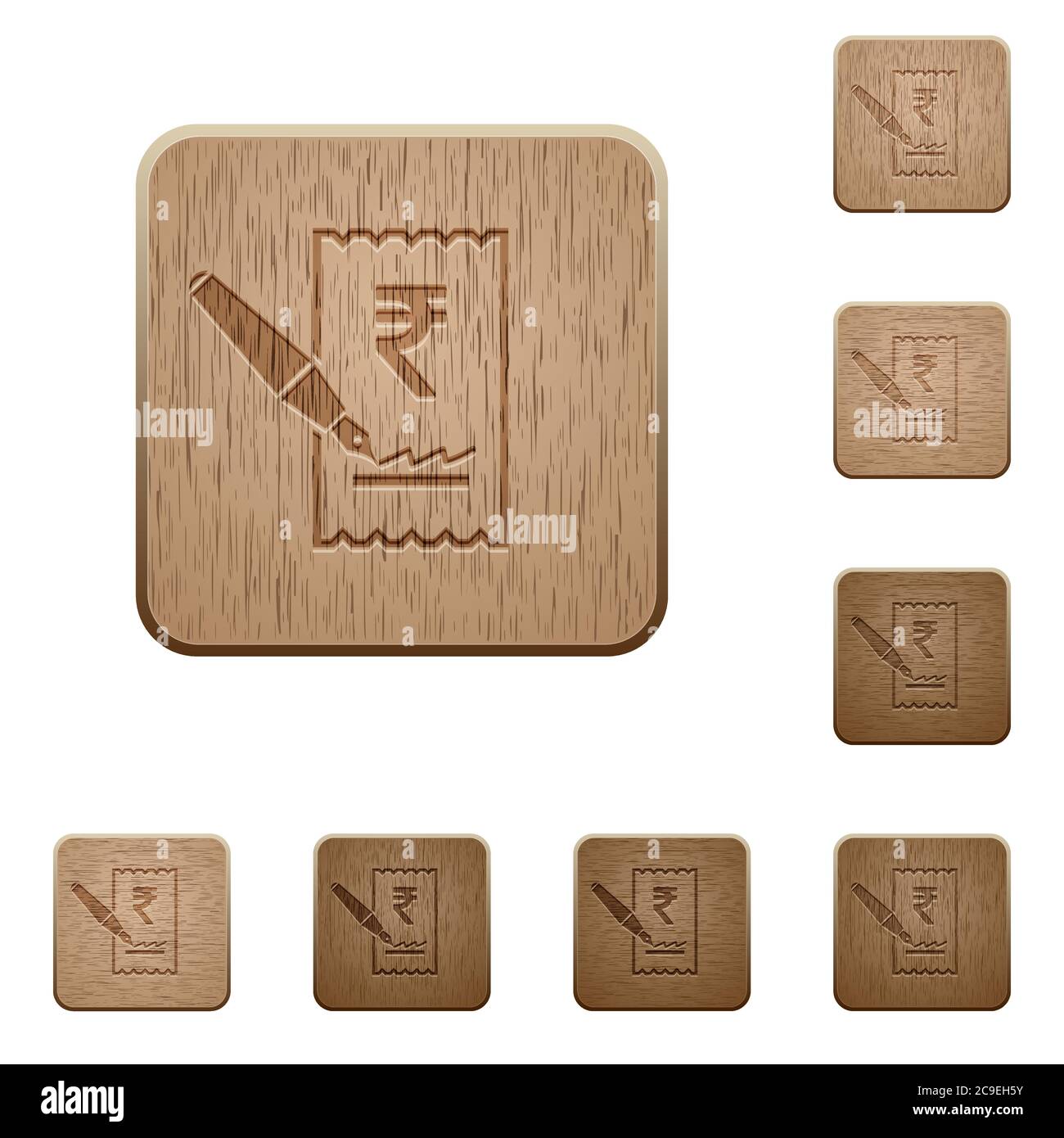 Signing Rupee cheque on rounded square carved wooden button styles ...