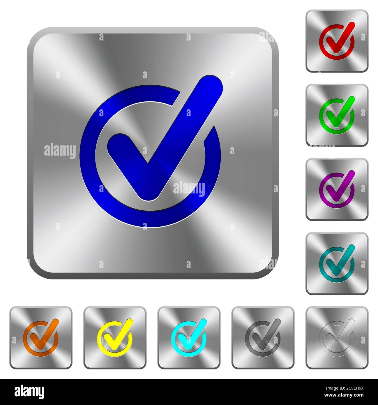 Checked data engraved icons on rounded square glossy steel buttons ...