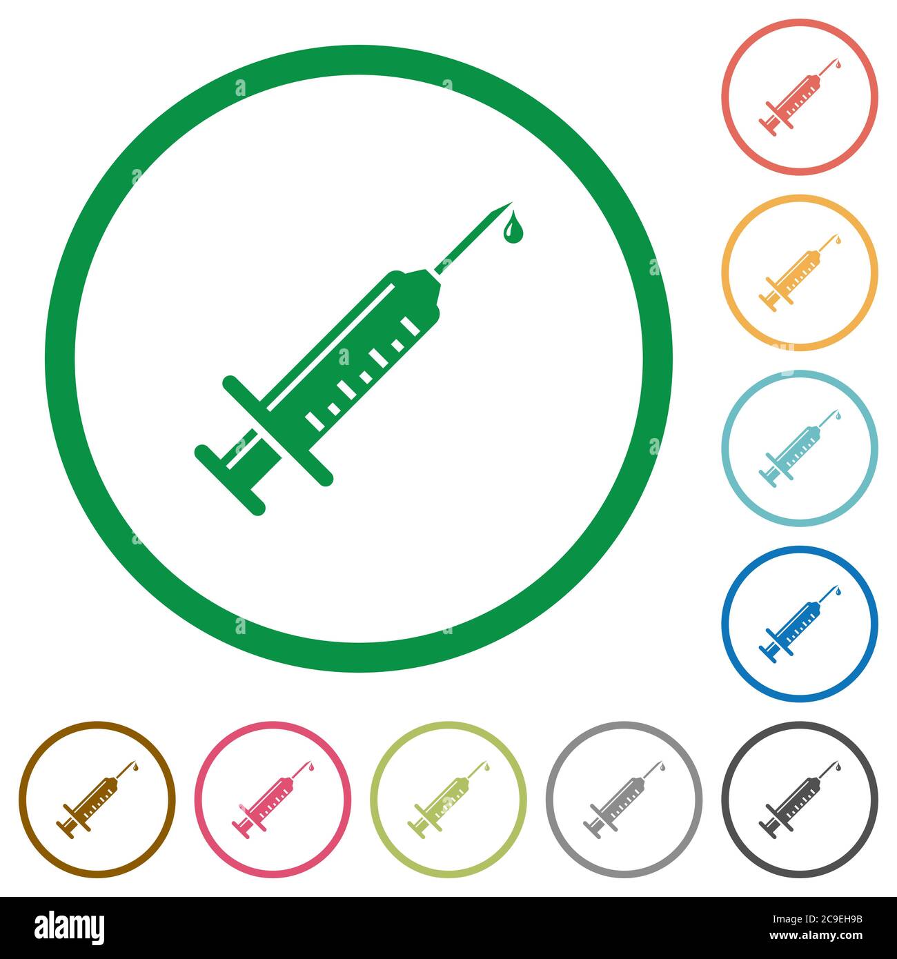 Syringe with drop flat color icons in round outlines on white ...