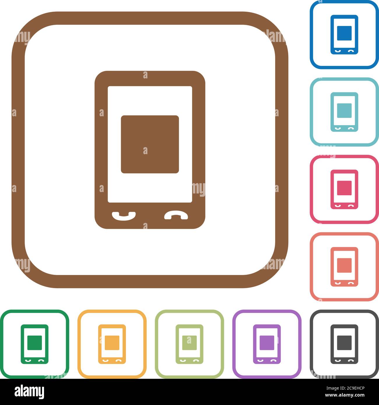 Mobile media stop simple icons in color rounded square frames on white ...