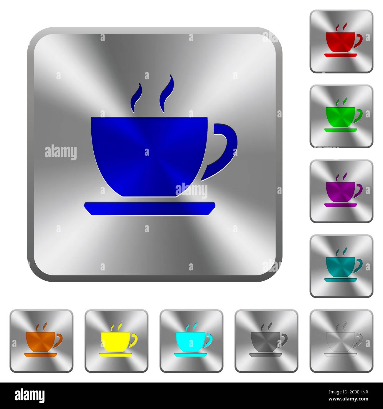 Cup of coffee engraved icons on rounded square glossy steel buttons ...