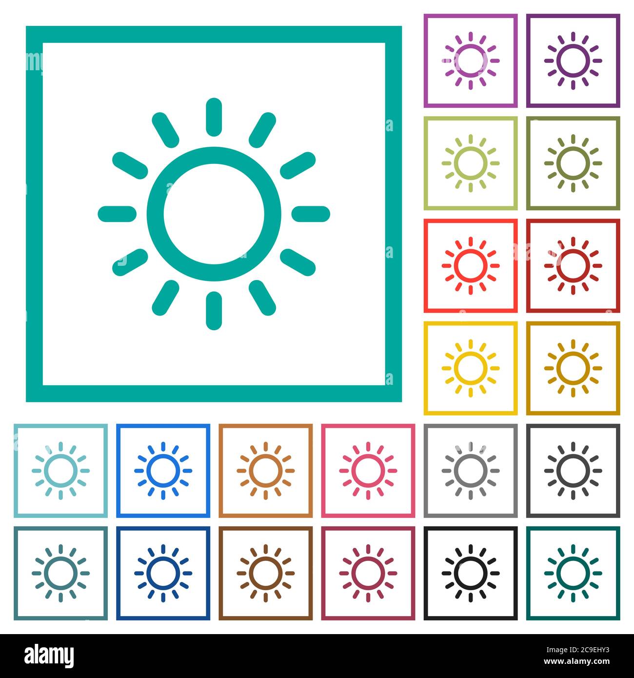 Brightness control flat color icons with quadrant frames on white ...